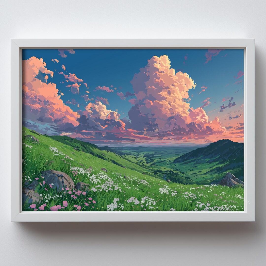 Anime Illustration of Rolling Green Hills - Pastoral Landscape ...