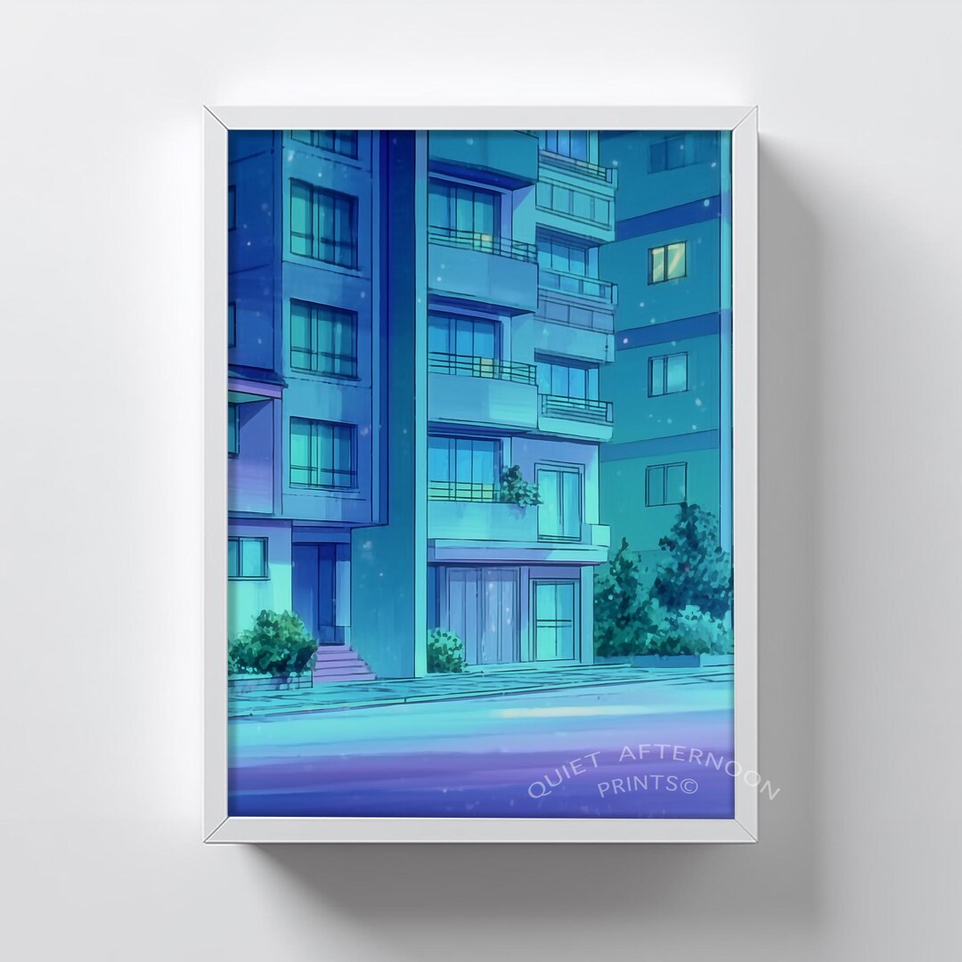 Retro 90s Anime Nightscape Printable - Moody City Block Illustration ...