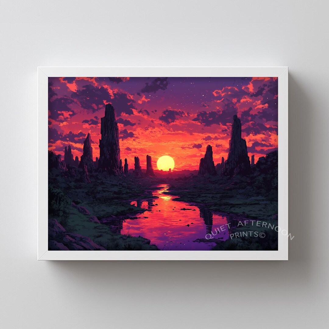 Violet Dusk River - Moody Digital Landscape, Surreal Anime Illustration ...