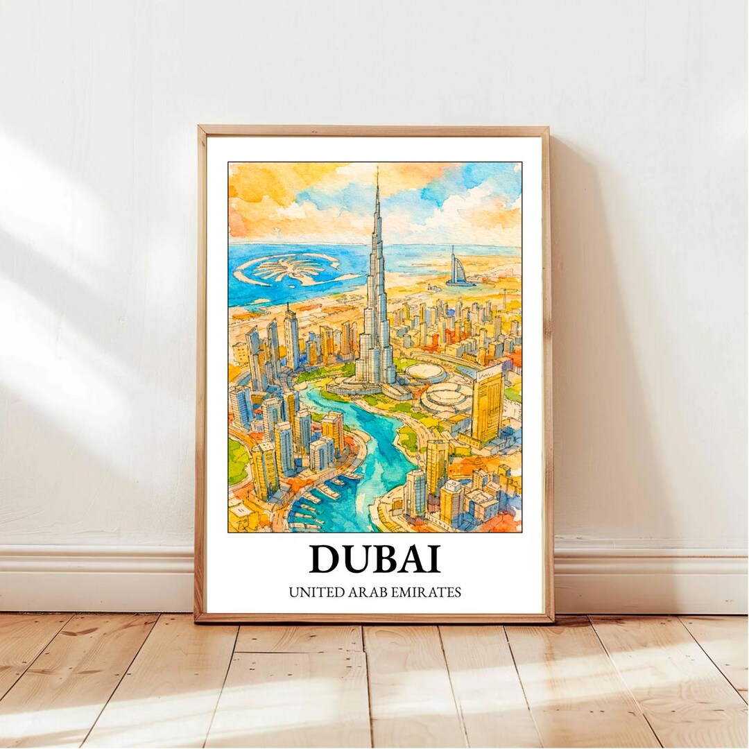 Dubai Watercolor Cityscape Poster | Emirates Travel Art - Etsy
