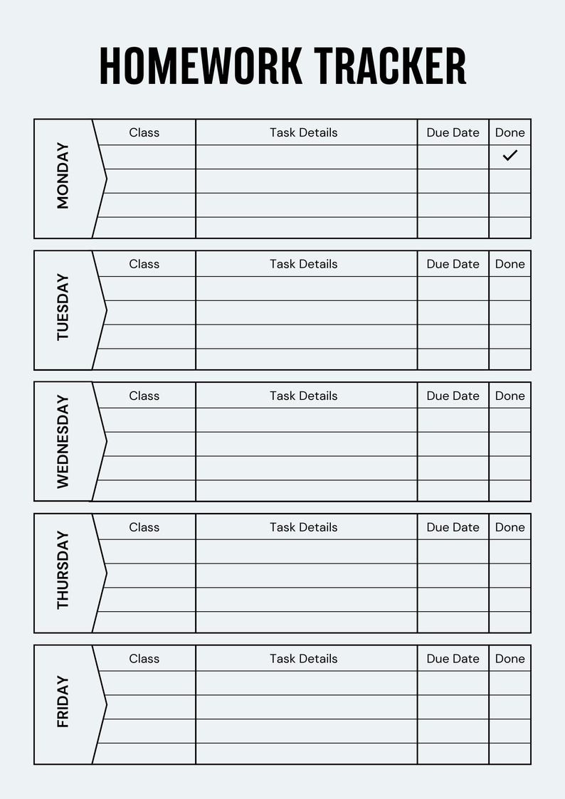 Kids Homework Tracker – Printable Student Planner (daily Task) - Etsy