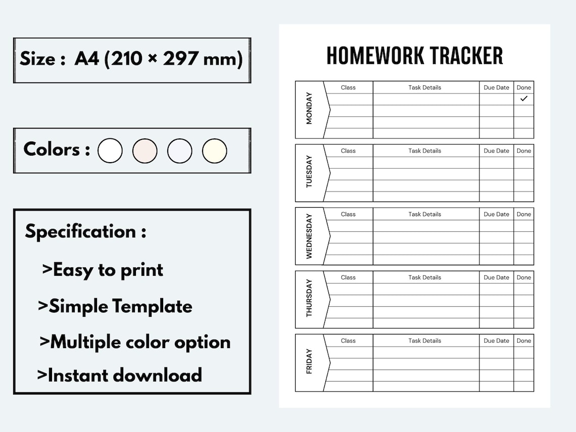 Kids Homework Tracker – Printable Student Planner (daily Task) - Etsy