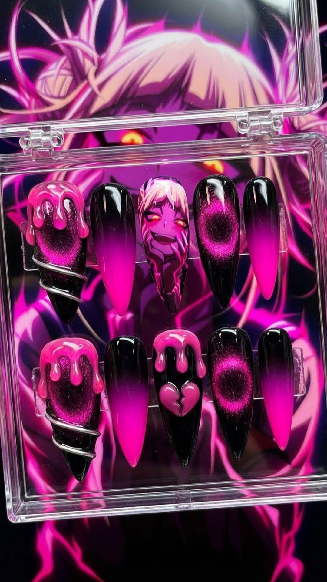Anime Press on Nails | Hot Pink Cat Eye 3D Slime Drip Broken Heart ...