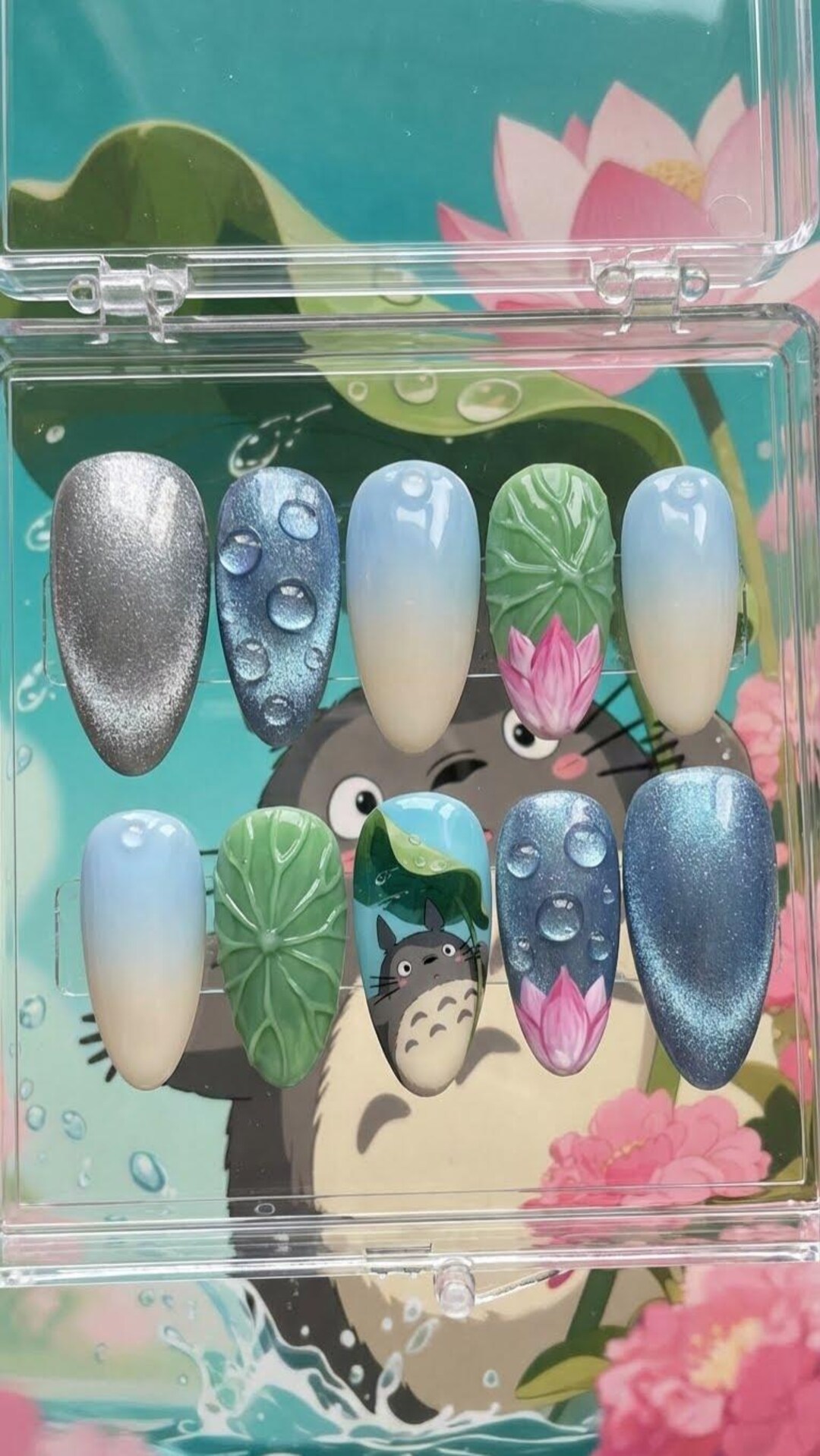 Custom Ghibli Totoro Press on Nails | 3D Water Drop & Lotus Leaf Art ...