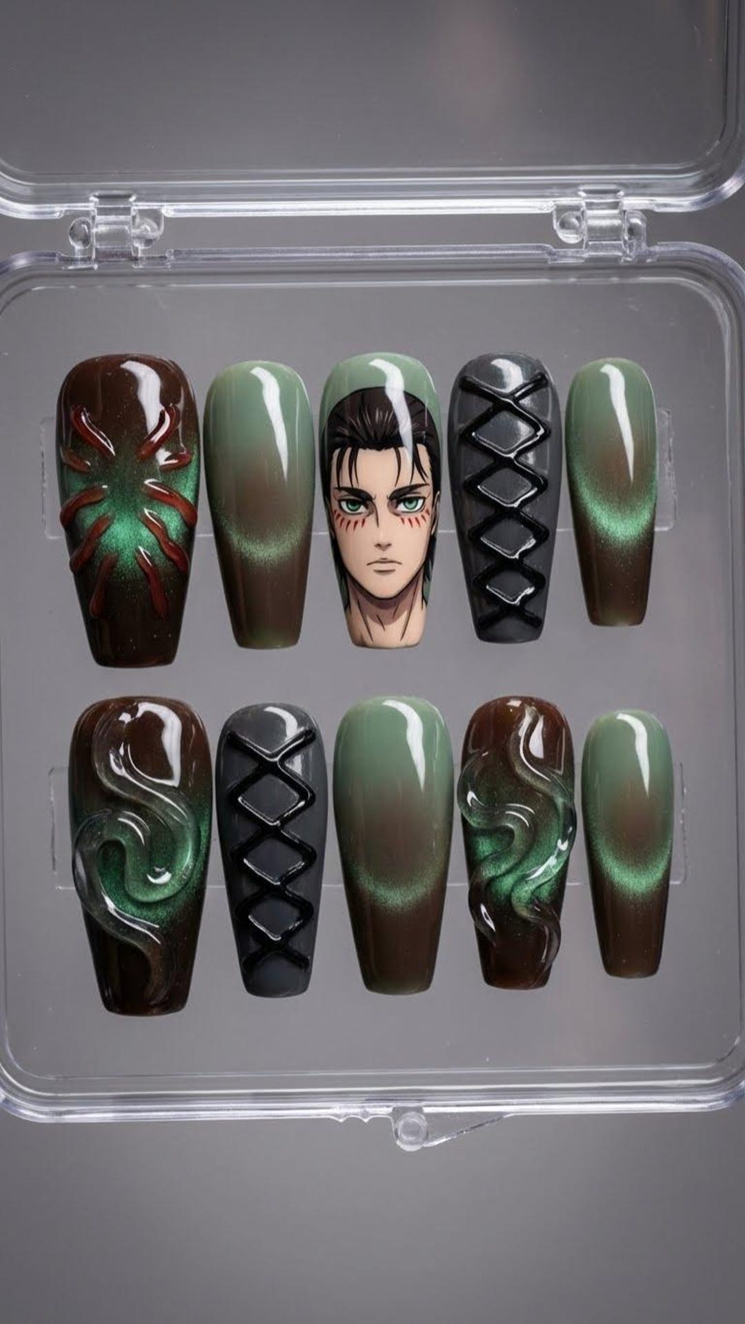 Coffin Eren Attack on Titan Press on Nails | Green Cat Eye 3D Design ...