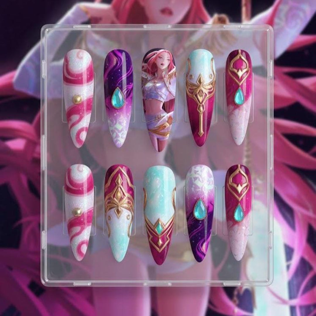 Magical Warrior Armor Press on Nails | Pink Teal Gold Filigree Stiletto ...