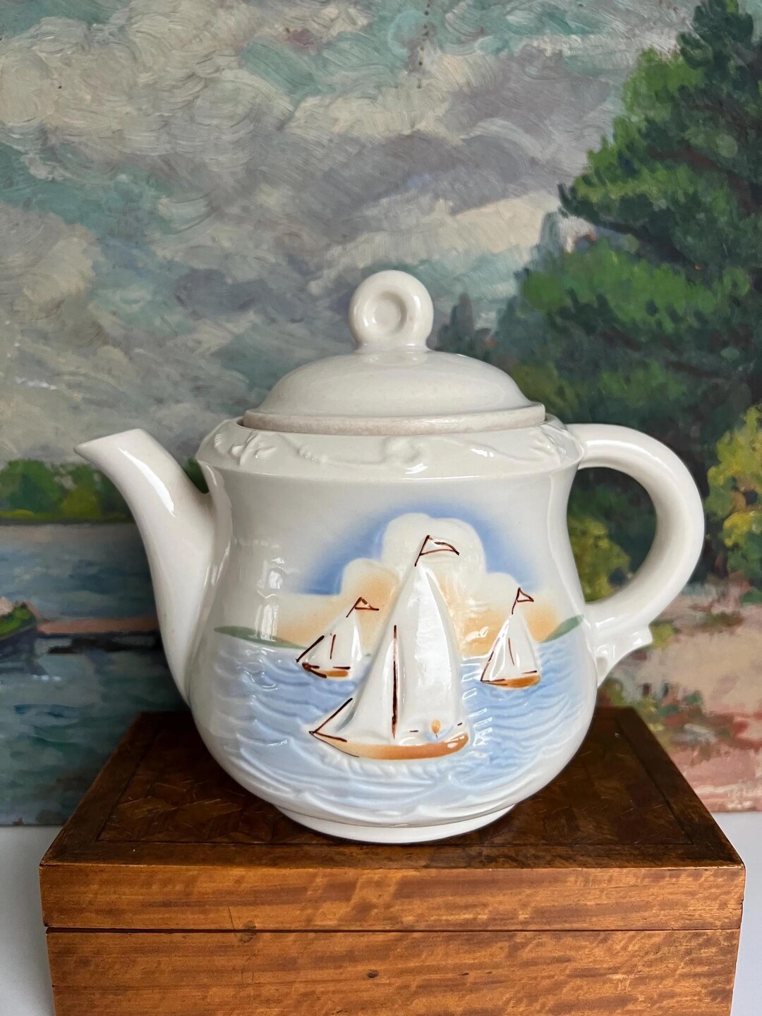 Vintage Porcelier Teapot: Hand Decorated Nautical Sailboat Design - Etsy