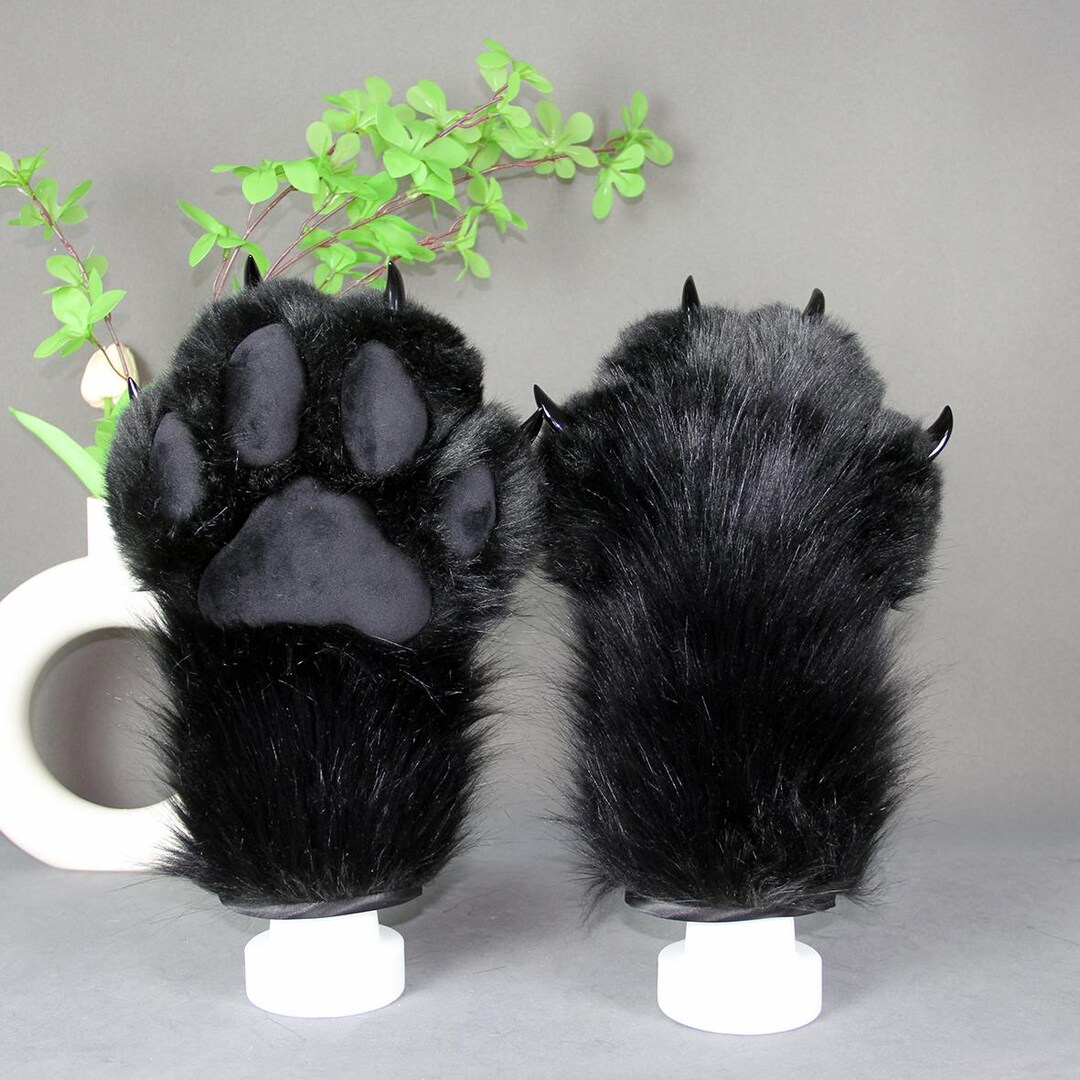 Black Canine Paws: Custom Fursuit Dog Paw Gloves, Fluffy Fur Handpaws ...