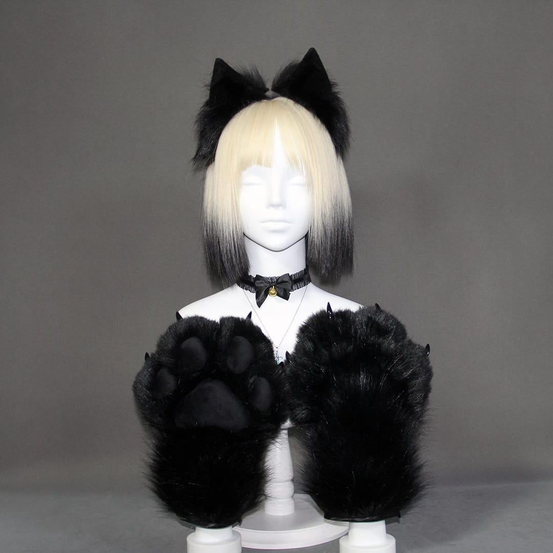 Black Cat Elegant Cosplay Set: Faux Fur Handpaws and Headband, Paws ...