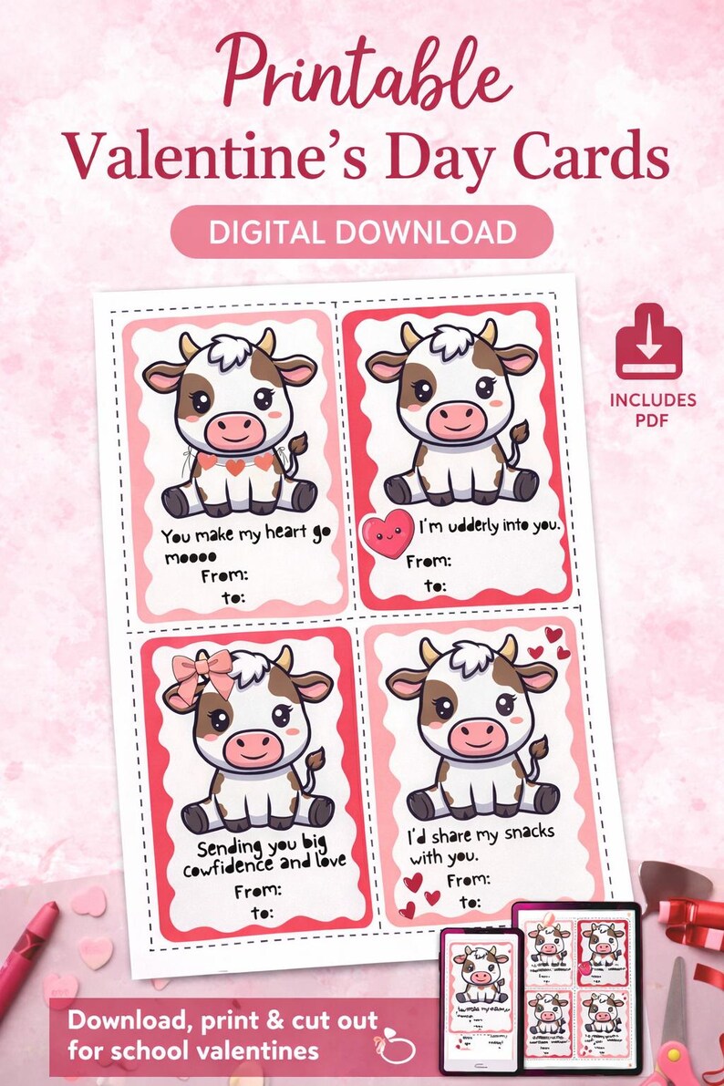 Highland Cow Valentine’s Day Cards – Printable Digital Download ...