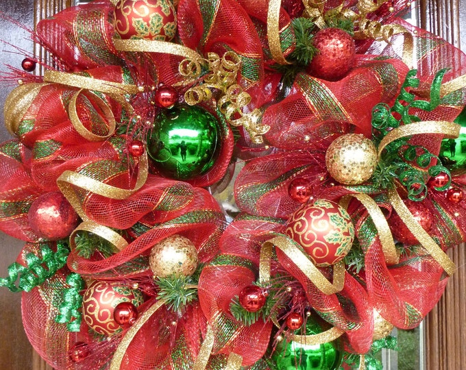 Red Gold And Green Deco Mesh Christmas Wreath Etsy