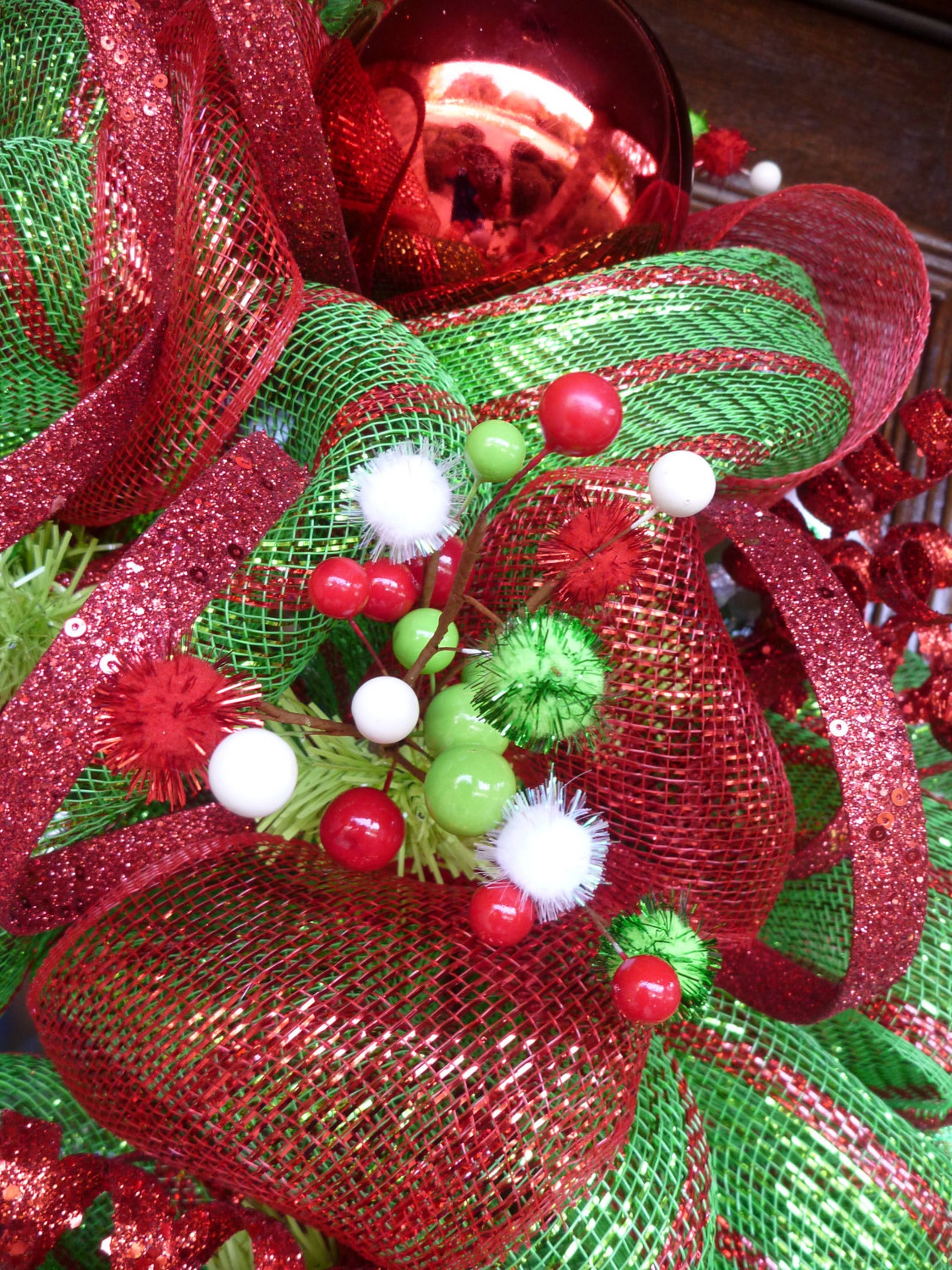 Lime Green And Red Deco Mesh Christmas Wreath Etsy