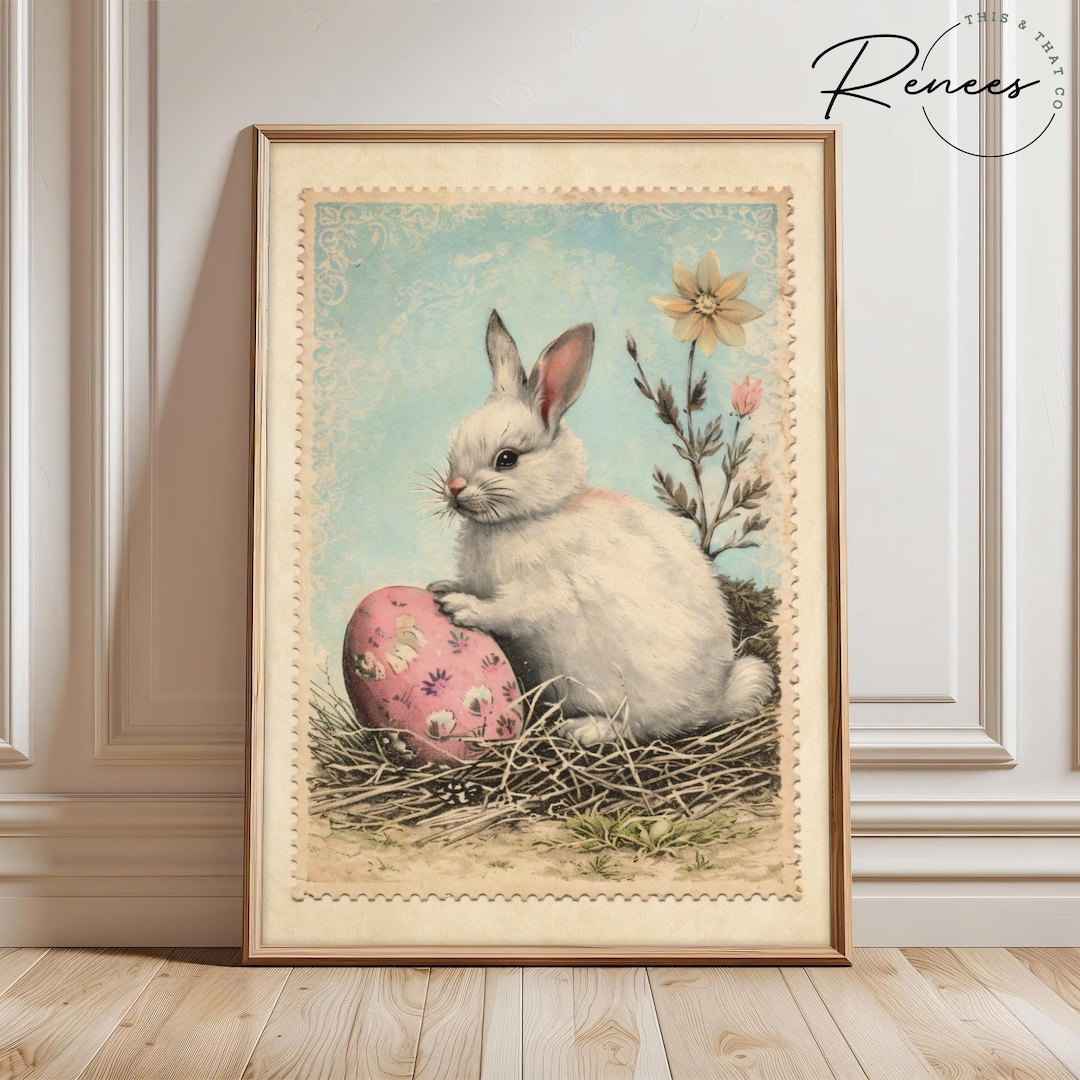 Vintage Easter Bunny Wall Art Print, White Rabbit With Easter Egg Stamp ...