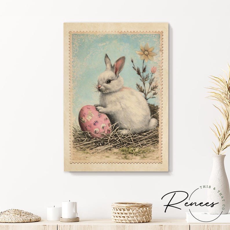 Vintage Easter Bunny Wall Art Print, White Rabbit With Easter Egg Stamp ...