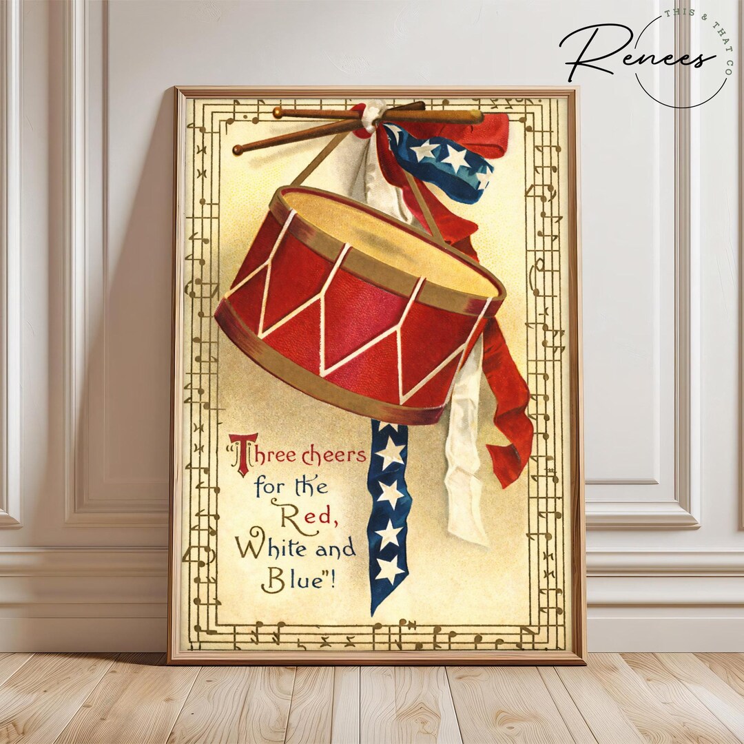Three Cheers Red White Blue Wall Art, Vintage Patriotic Drum Print ...