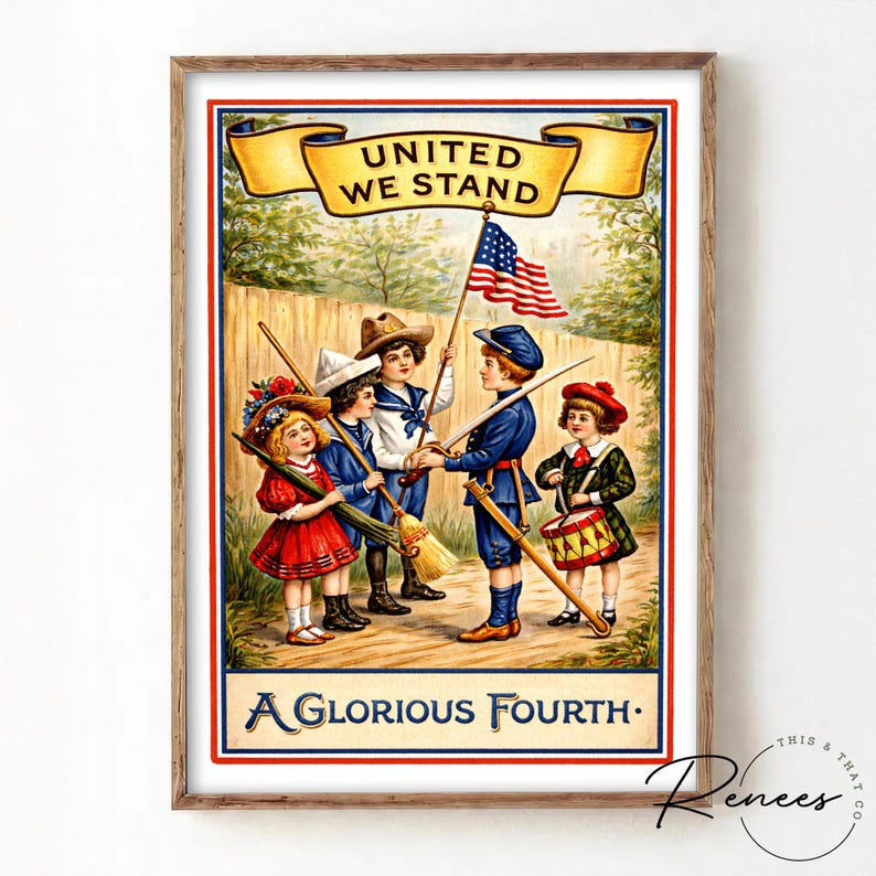 Vintage United We Stand Poster, Patriotic Kids Wall Art, Americana 4th ...