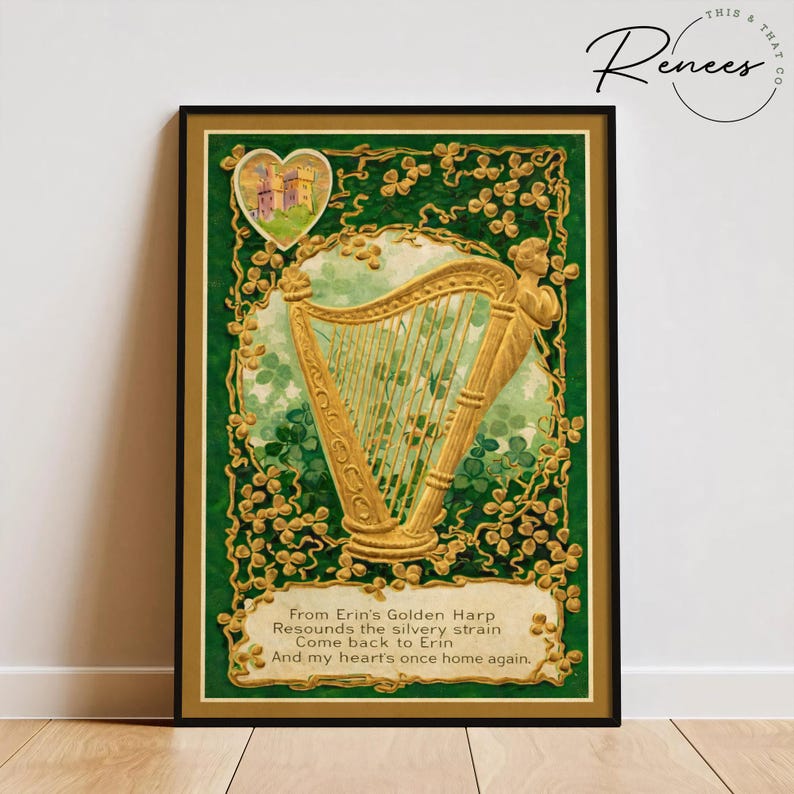 Vintage Irish Harp Wall Art Print, Celtic Shamrock Illustration, Erin’s ...