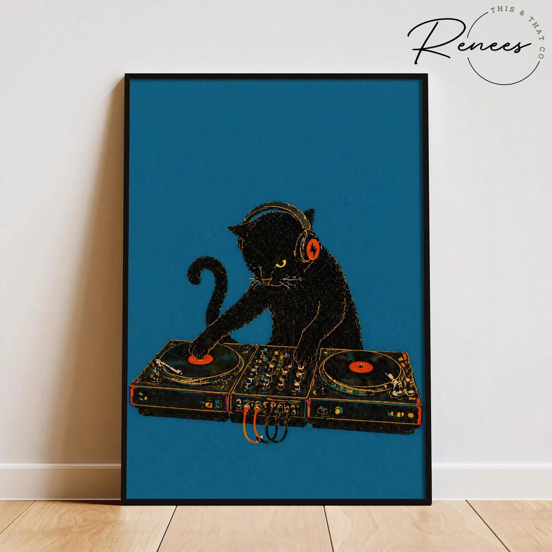 DJ Cat Wall Art, Black Cat DJ Poster, Cat Music Print, Funny Cat ...