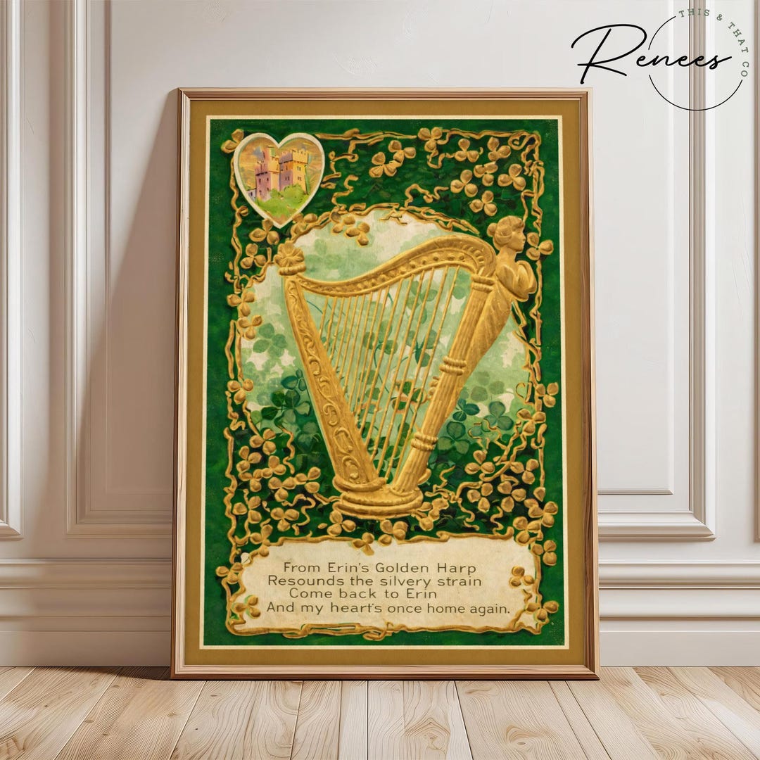 Vintage Irish Harp Wall Art Print, Celtic Shamrock Illustration, Erin’s ...