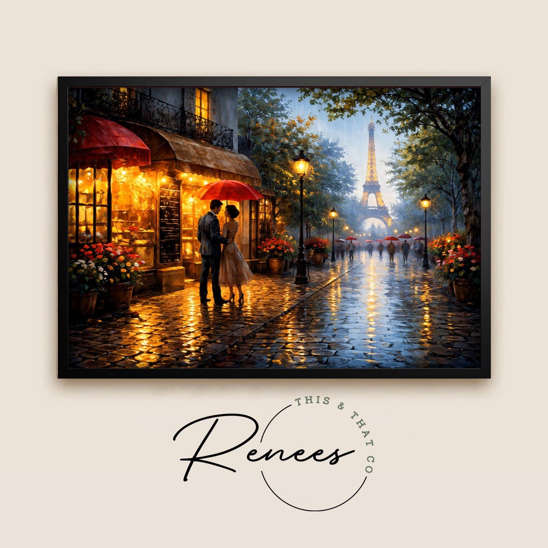 Romantic Paris Wall Art Canvas, Eiffel Tower Couple Painting, Rainy ...