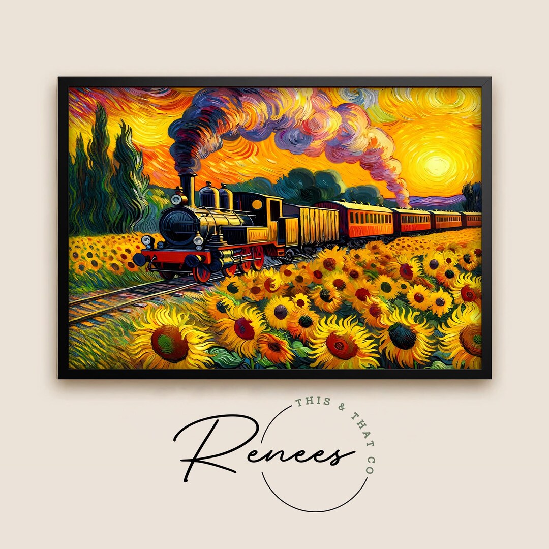 Sunflower Field Train Wall Art, Vibrant Landscape Wall Decor, Colorful ...