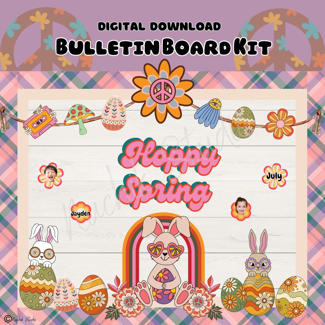 Hippy Spring Bulletin Board Kit, Retro Easter Classroom Decor, Bunny ...