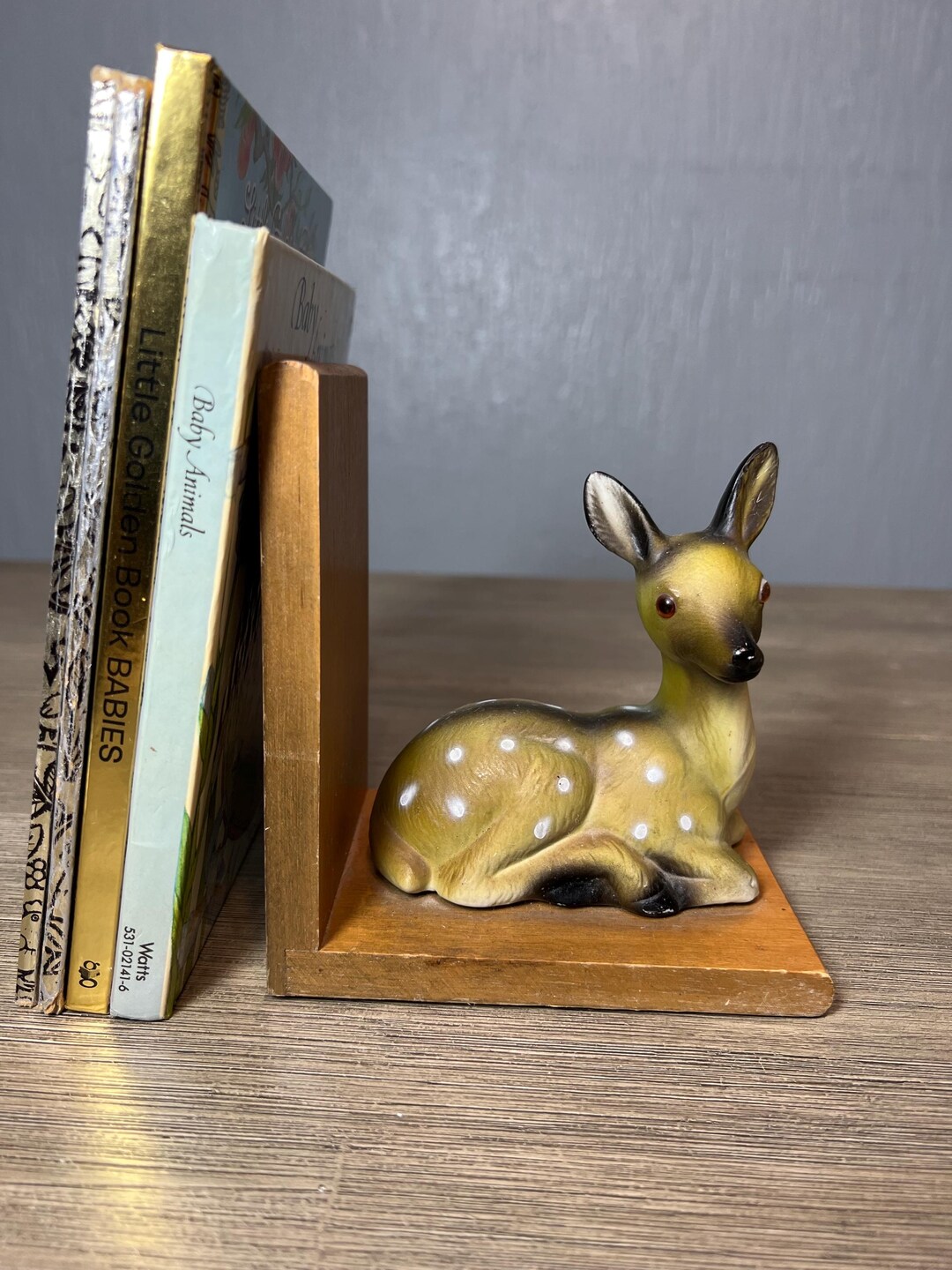 Vintage Ceramic Deer Bookend With Wooden Base – Hand Painted Mid ...
