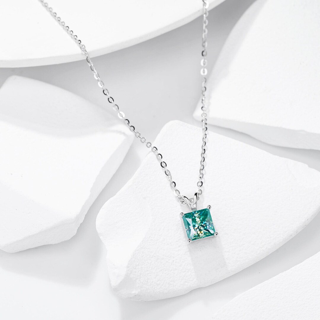Dainty Sterling Silver Necklace | 2 Carat Princess Cut Cyan Blue ...