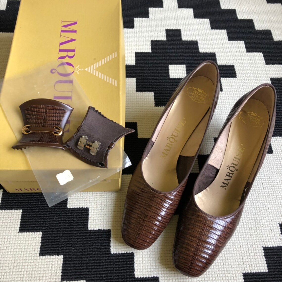 70s Alligator Pilgrim Pumps Heels Shoe Clips Brown 8 AAA Marquis ...