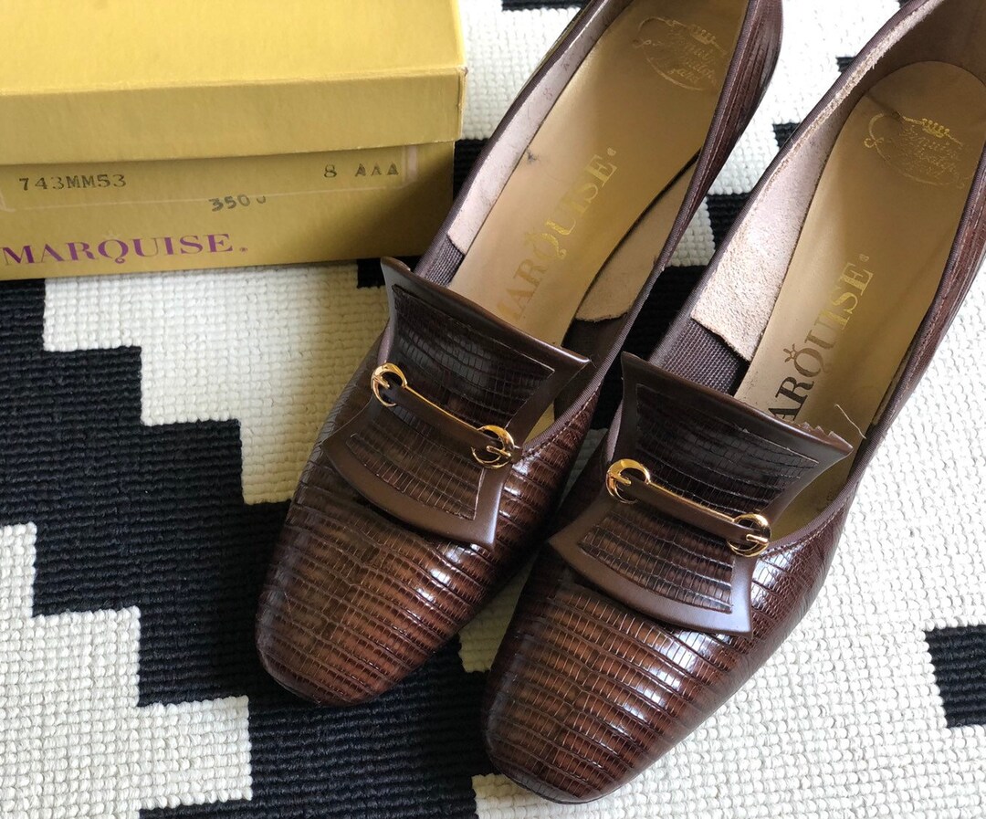 70s Alligator Pilgrim Pumps Heels Shoe Clips Brown 8 AAA Marquis ...