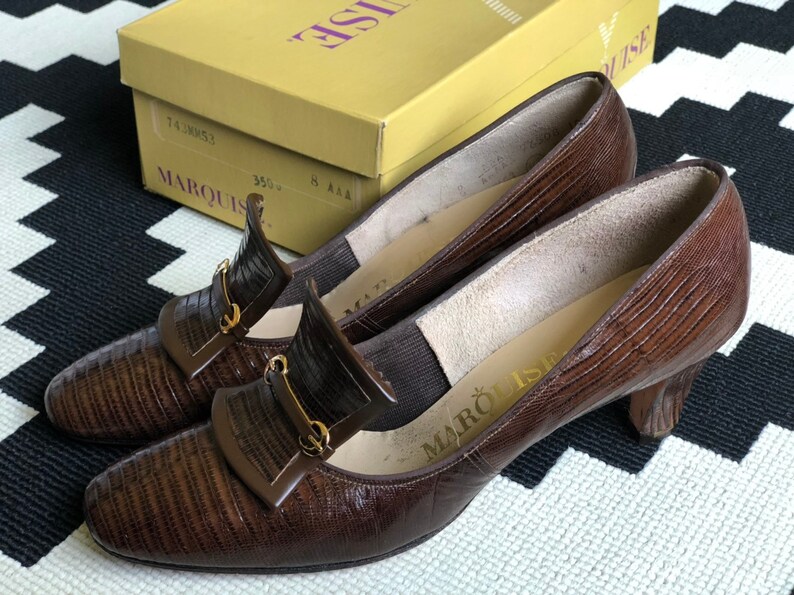70s Alligator Pilgrim Pumps Heels Shoe Clips Brown 8 AAA Marquis ...