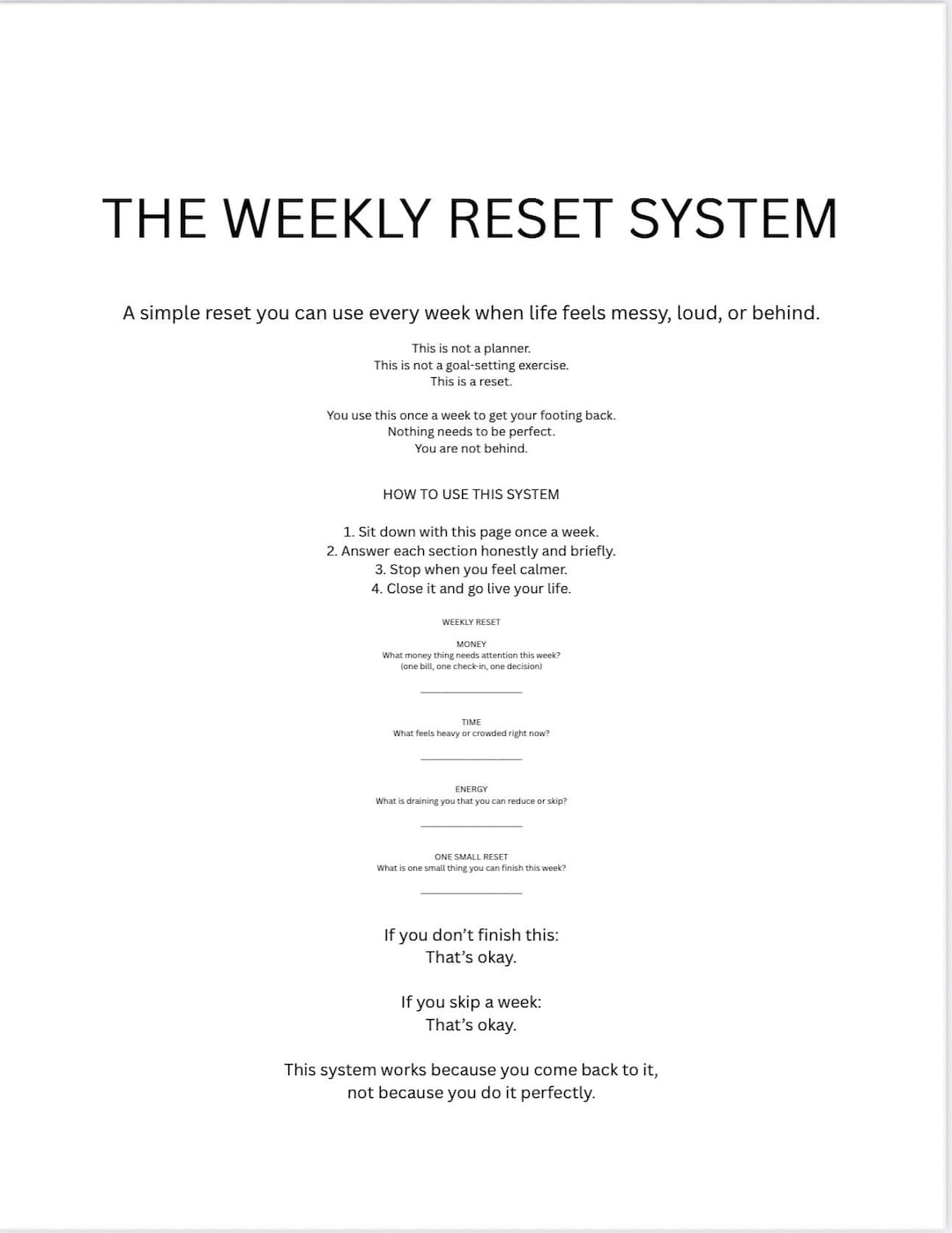 Weekly Reset System Printable – Simple Life Reset Worksheet for ...