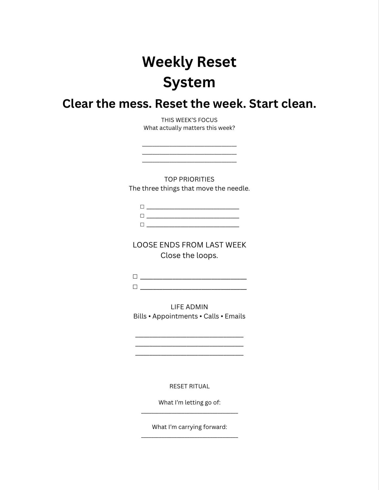 Weekly Reset System Printable | One Page Life Reset Planner | Simple ...