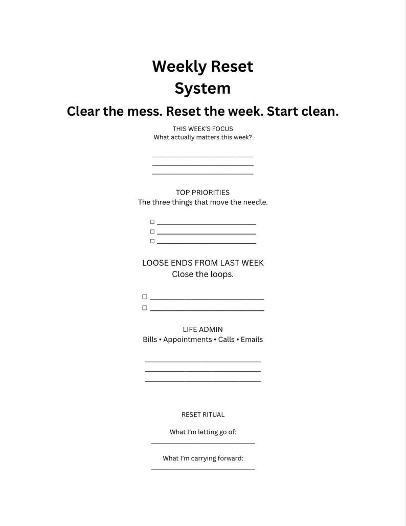 Weekly Reset System Printable | One Page Life Reset Planner | Simple ...
