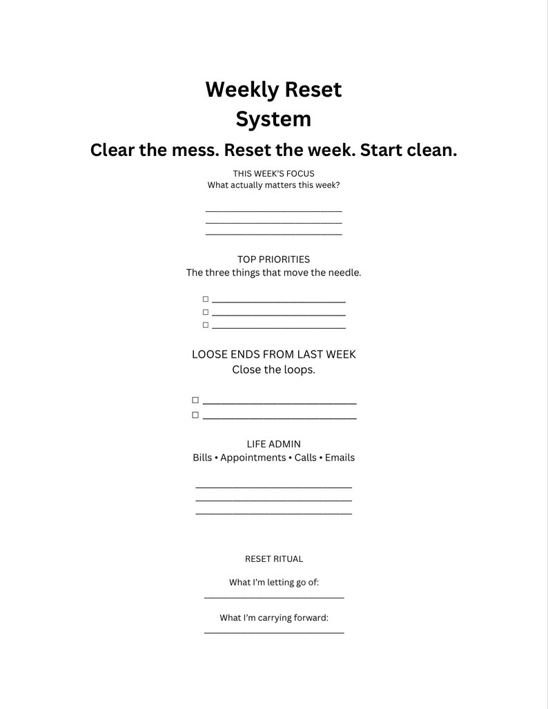 Weekly Reset System Printable | One Page Life Reset Planner | Simple ...