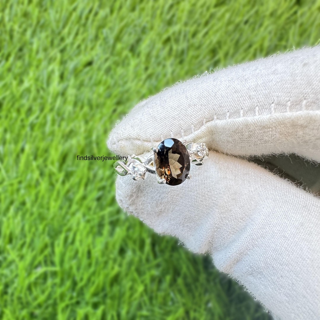 Handmade Smoky Quartz Sterling Silver Ring, Cubic Zirconia Cluster - Etsy