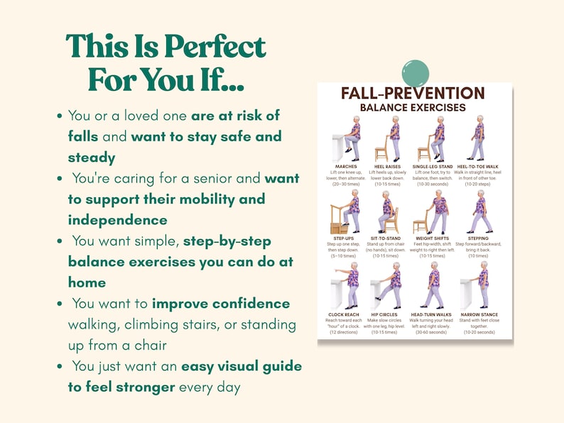 Fall Prevention Balance Exercises for Seniors Printable PDF | Chair ...