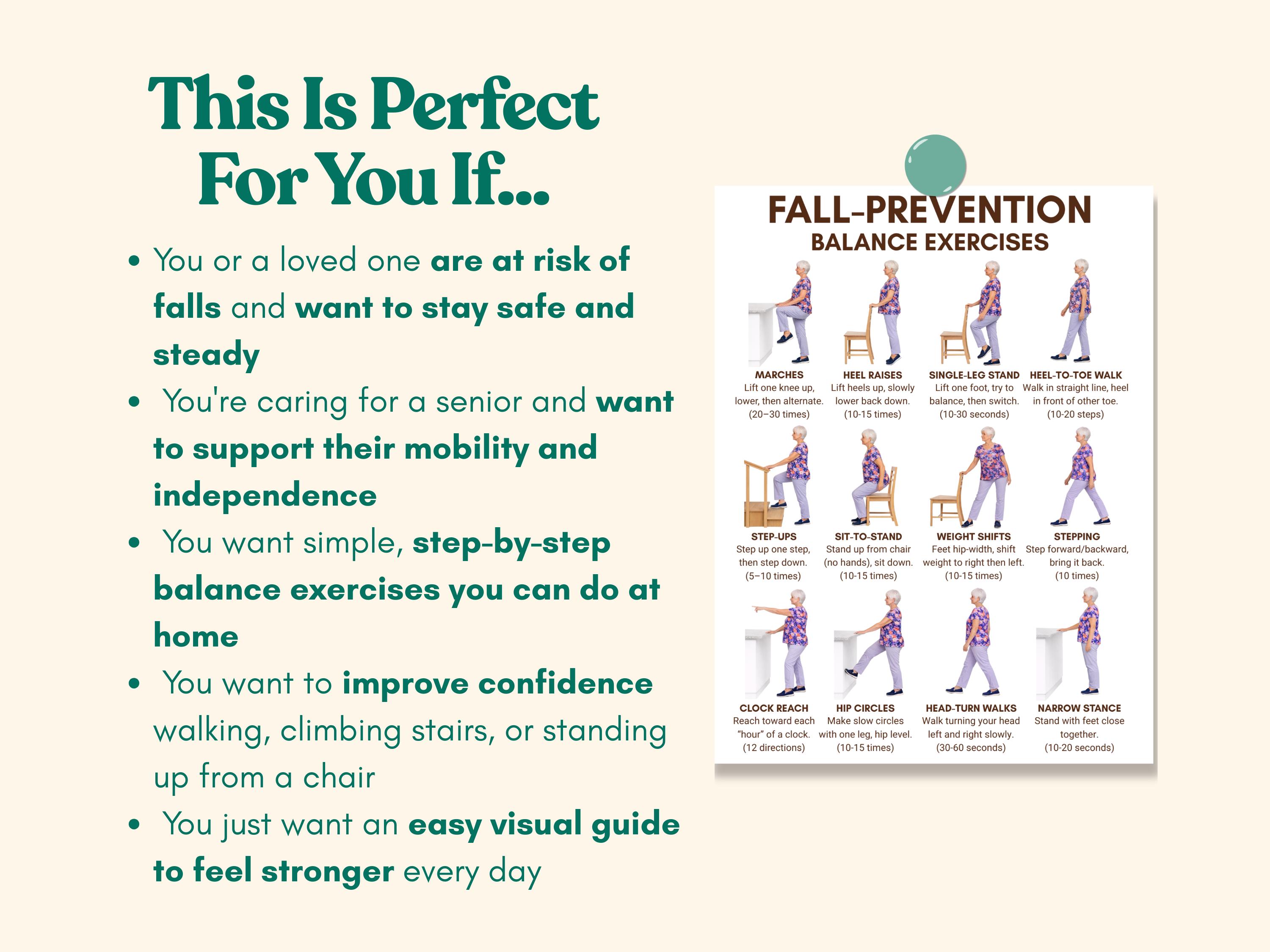 Fall Prevention Balance Exercises for Seniors Printable PDF | Chair ...