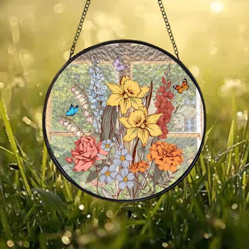 Personalized Birth Flower Glass Suncatcher: Grandma's Garden Decor - Etsy