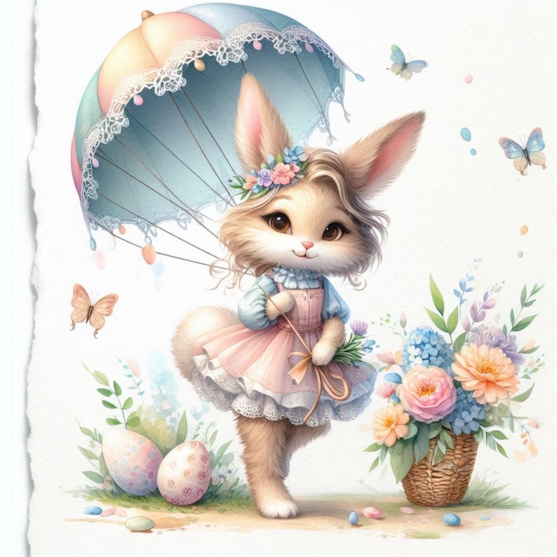 Watercolor Easter Bunny Clipart Bundle, Spring Rabbits Flowers Eggs ...