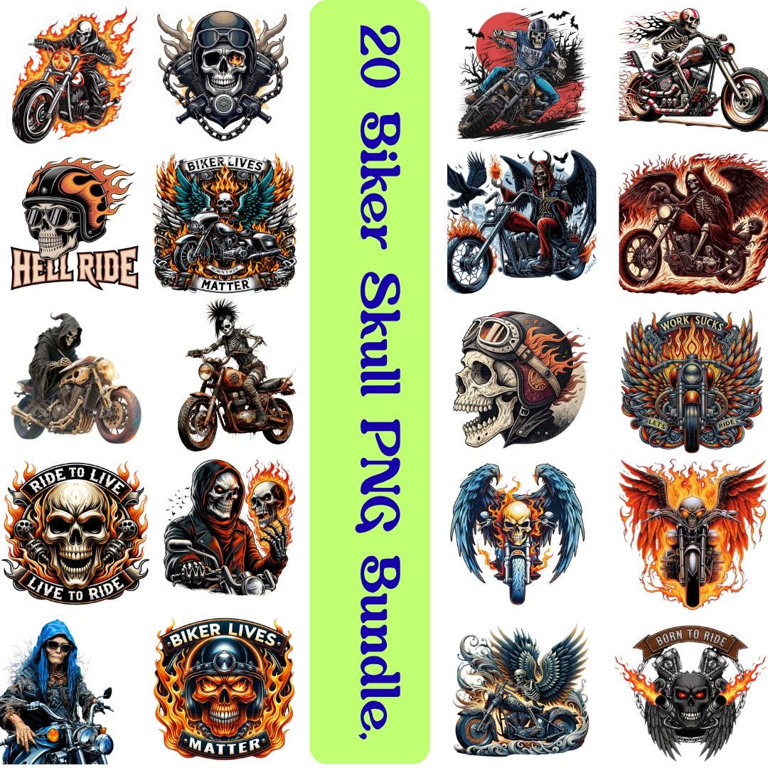 Biker Skull PNG Bundle: Motorcycle Rider, Flame Bike Clipart ...