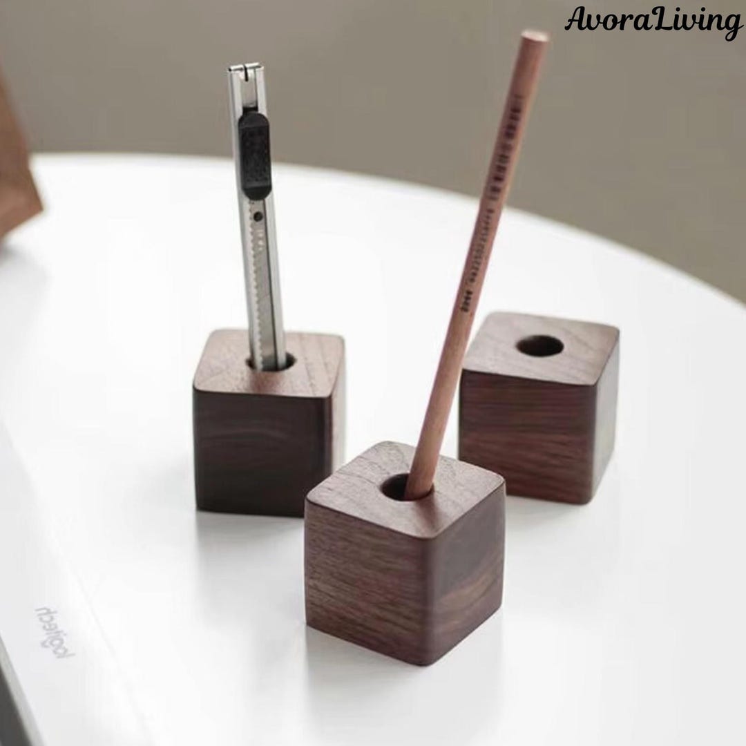 Walnut Wood Pen Holder, Minimalist Cube Pencil Stand, Wooden Pen ...