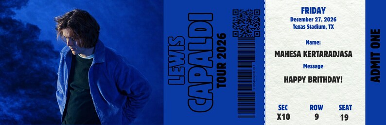 Lewis Capaldi Tour 2026 Concert Ticket Template | Editable Custom Music ...
