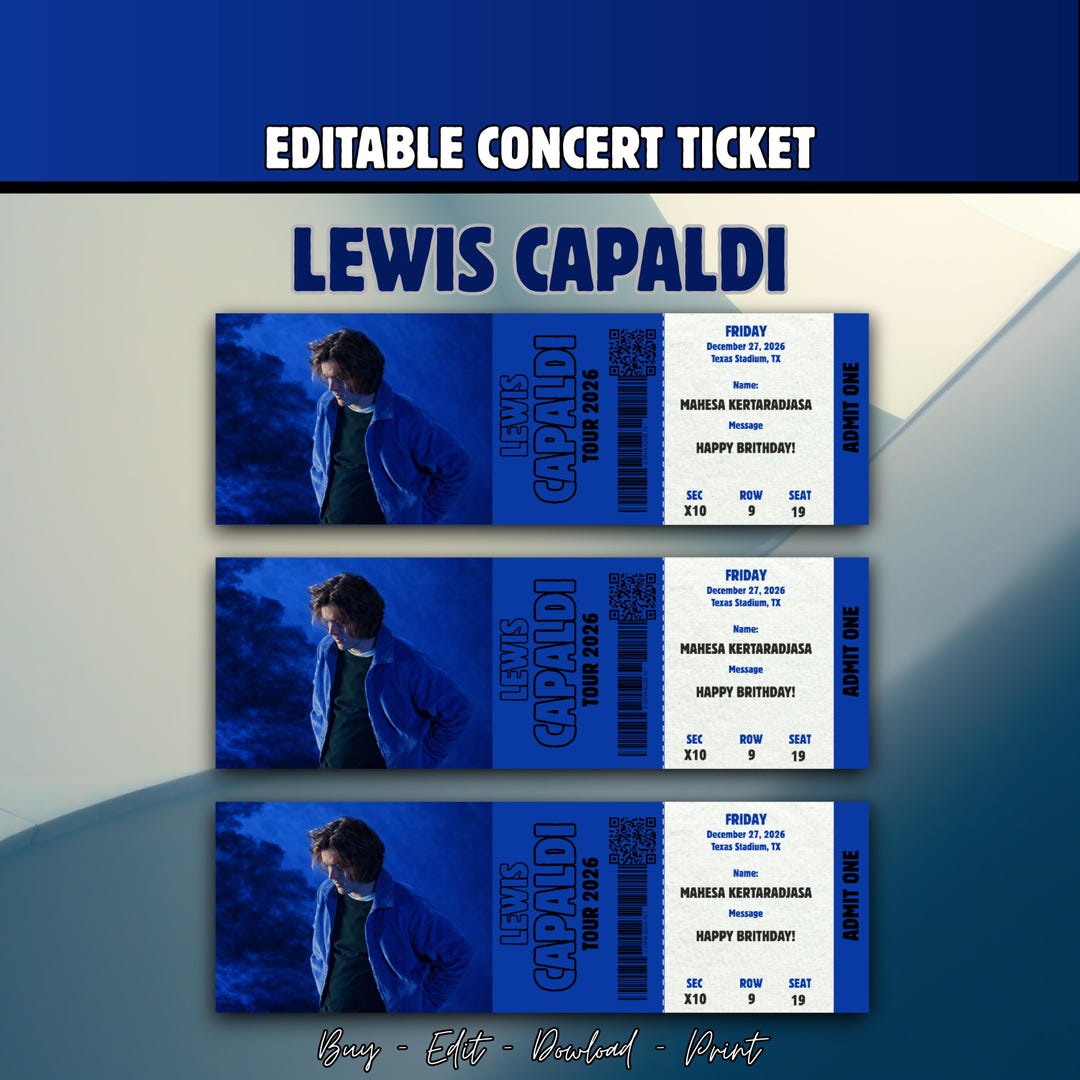 Lewis Capaldi Tour 2026 Concert Ticket Template | Editable Custom Music ...