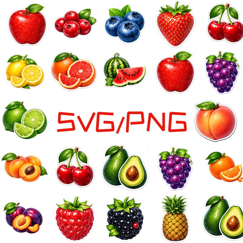 Realistic Fruit Clipart Bundle – SVG & PNG, Transparent Background - Etsy
