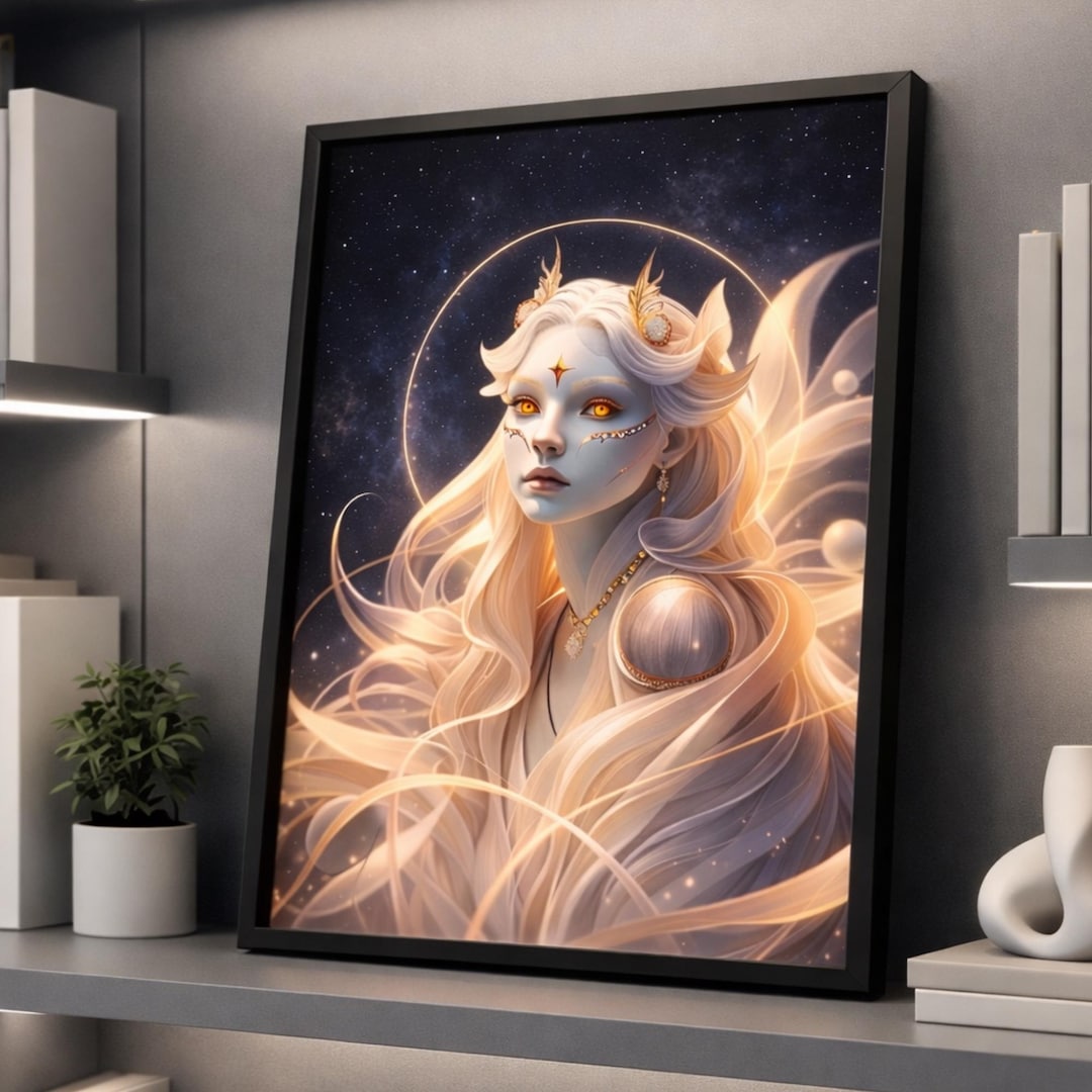 Celestial Goddess Portrait – Ethereal Fantasy Wall Art With Golden Halo ...