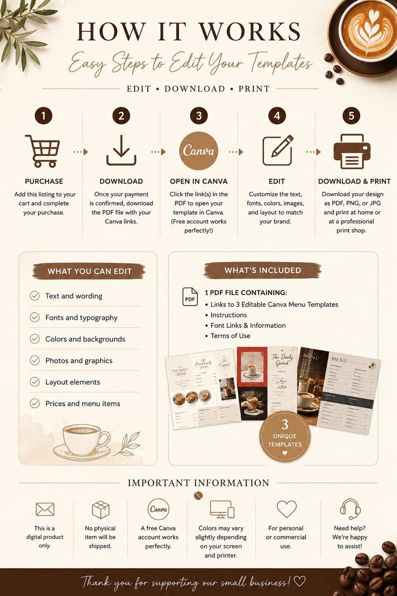 Coffee Shop Menu Template for Canva | Editable Bi-fold Cafe & Bakery ...