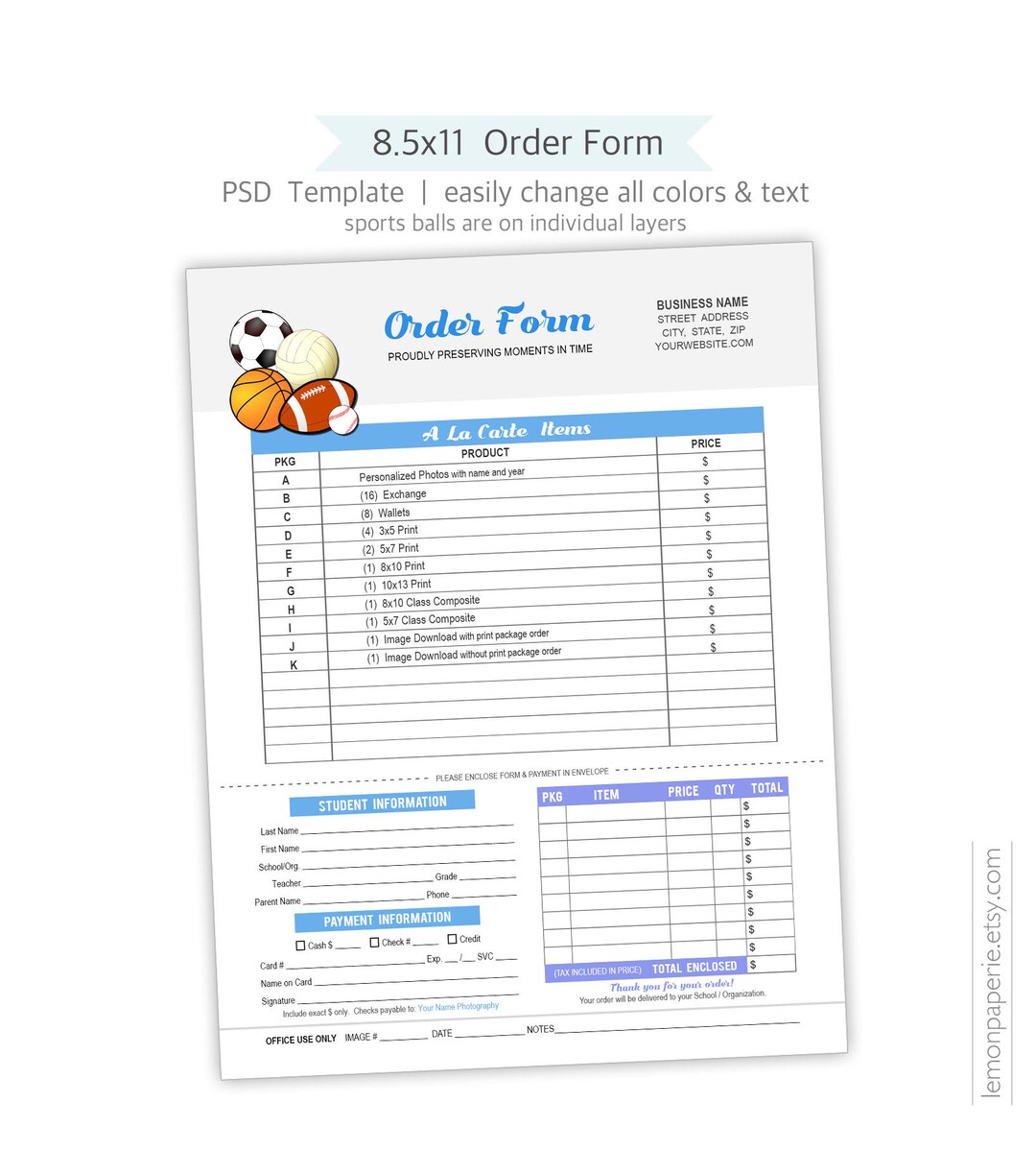 8.5x11 Sports Photos Order Form, Photoshop Template - ORDER202 ...