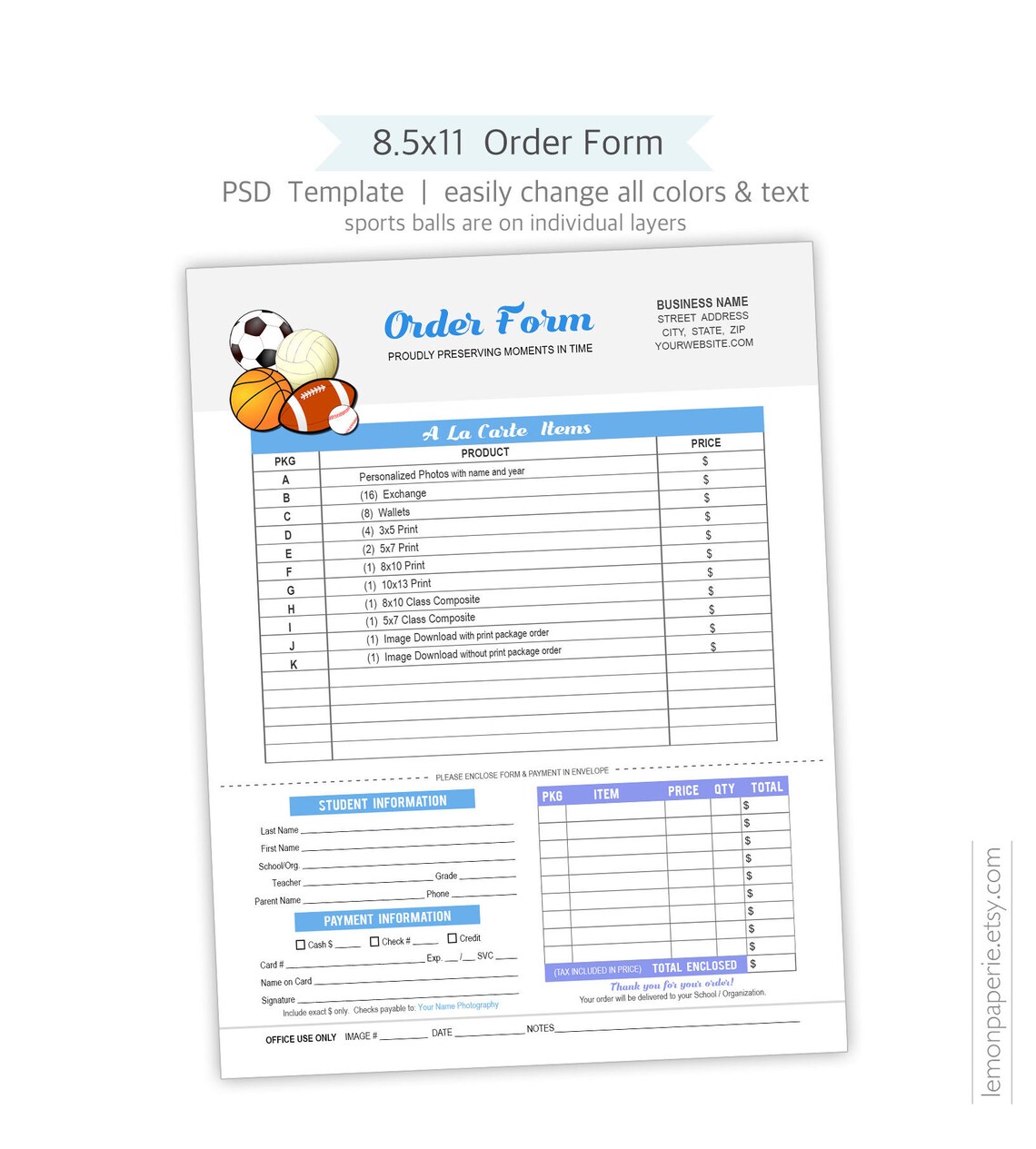 8.5x11 Sports Photos Order Form, Photoshop Template - ORDER202 ...