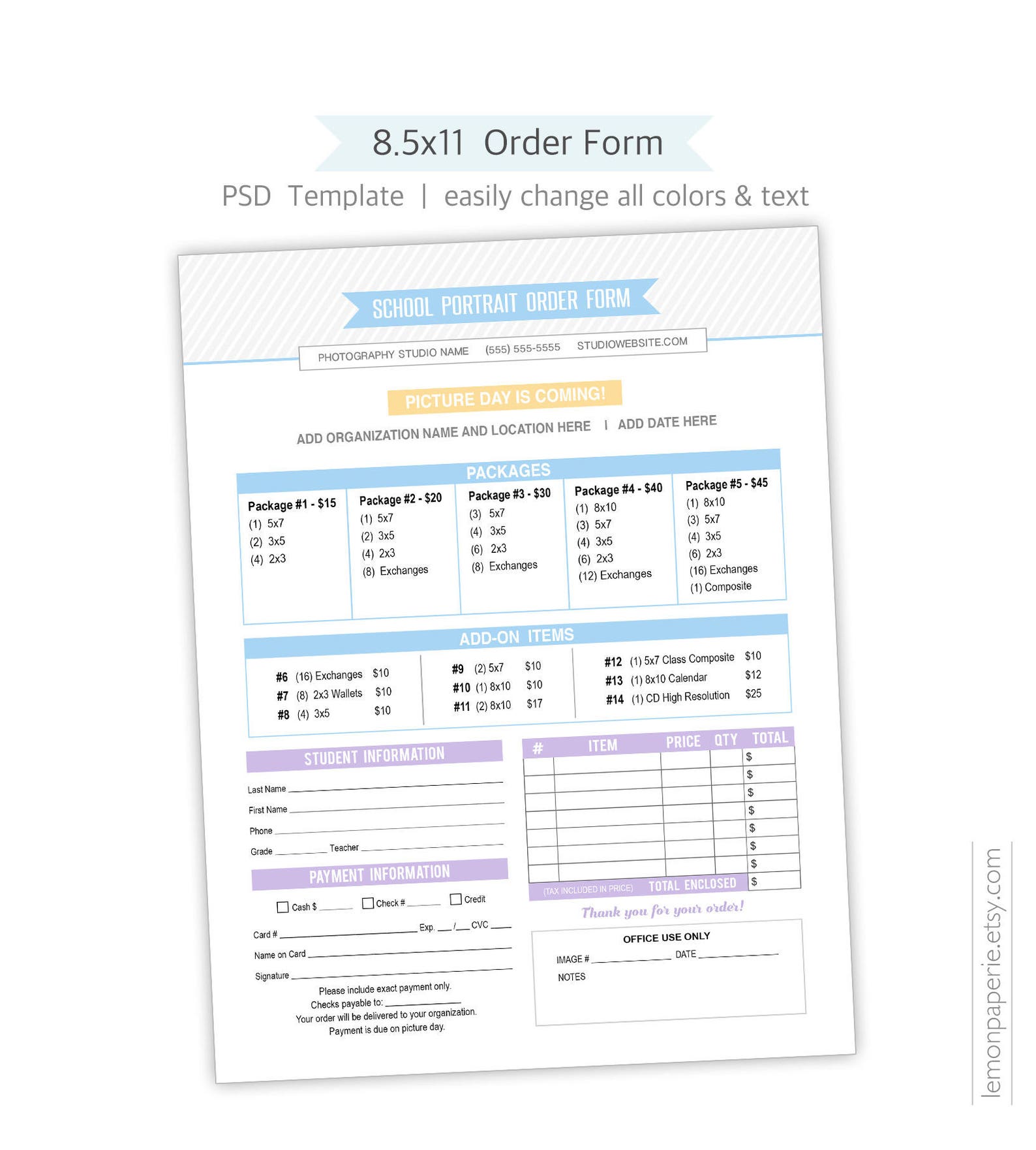 8.5x11 School Photos Order Form, Photoshop Template - ORDER201 ...